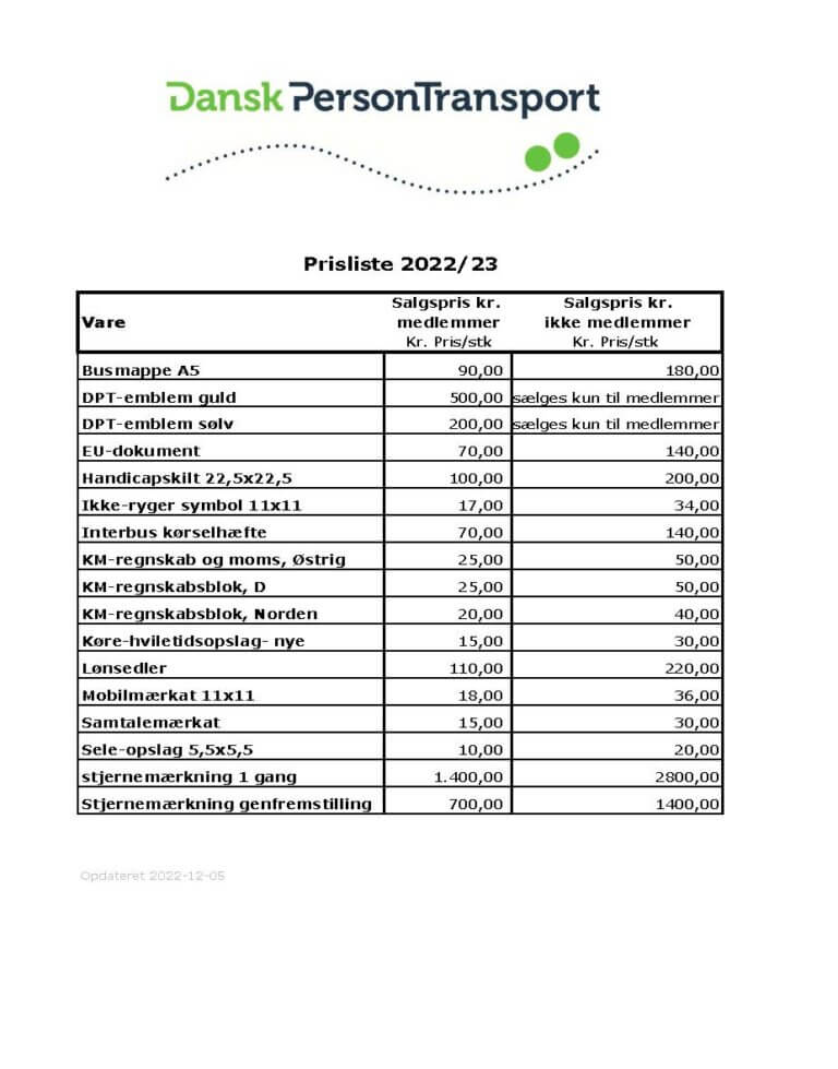 Prisliste : Dansk PersonTransport